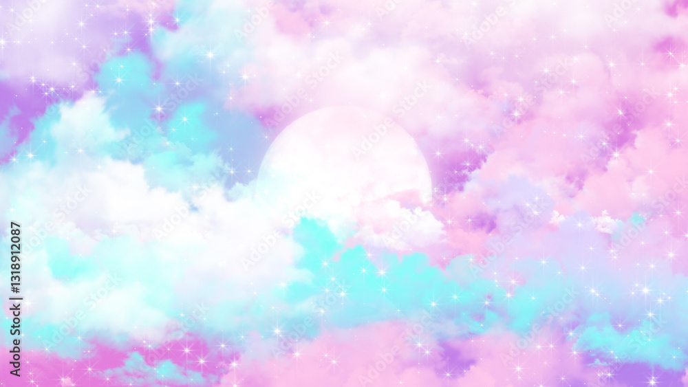 night sky moon and stars with unicorn pastel color fluffy clouds, fairy ...