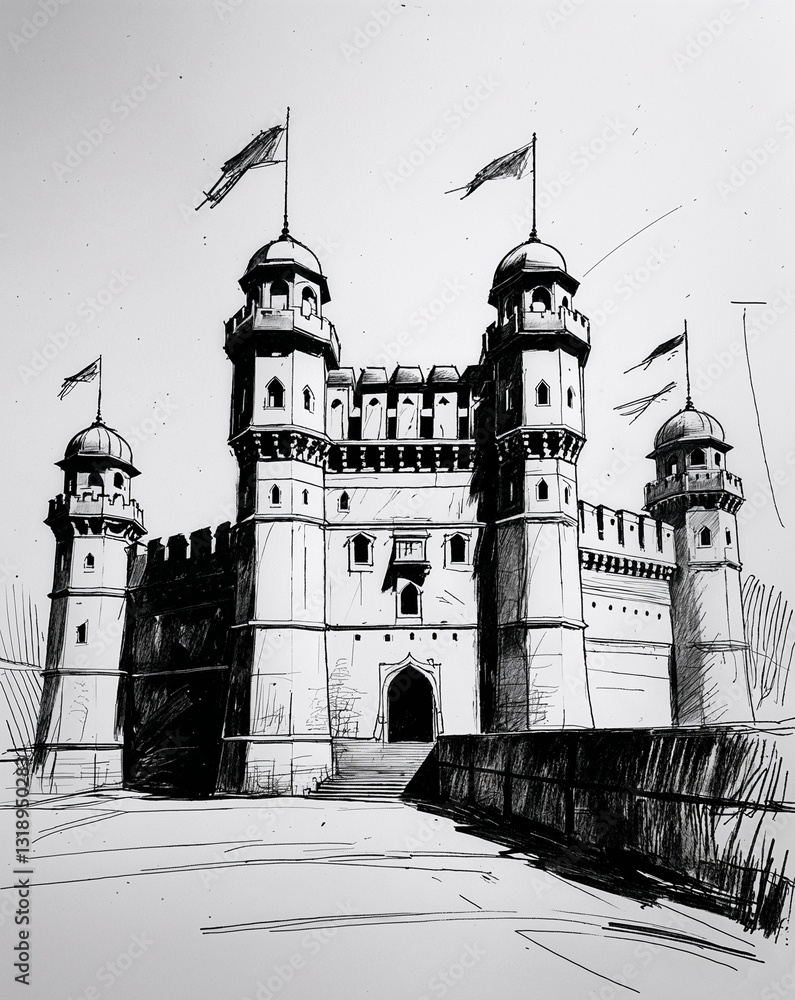Historic fortress building design in sketch hand drawing black and ...