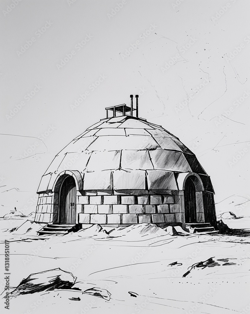 Igloo building design in sketch hand drawing black and white on plain ...