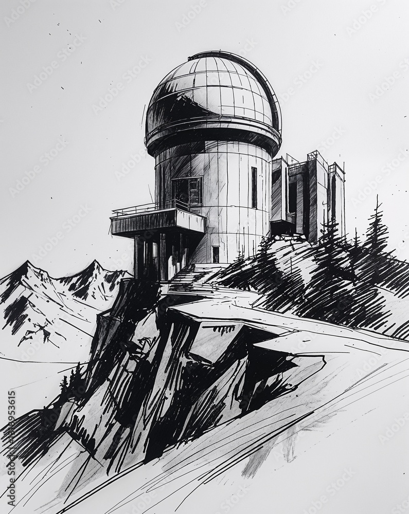 Mountain observatory building design in sketch hand drawing black and ...