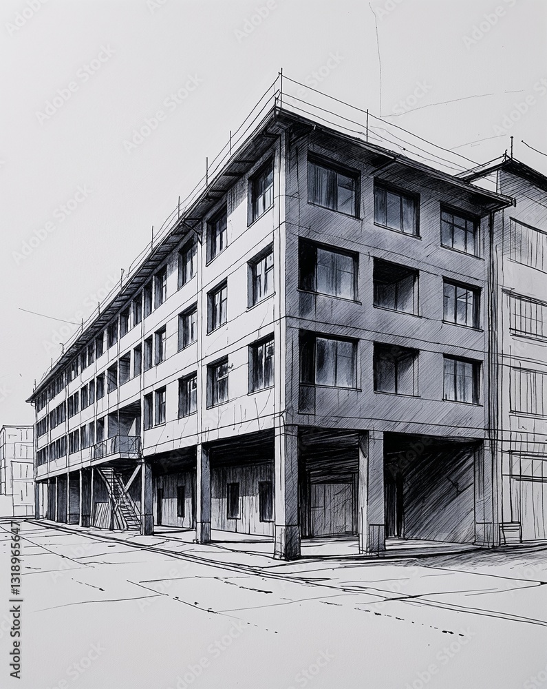 Warehouse converted into loft apartments building design in sketch hand ...
