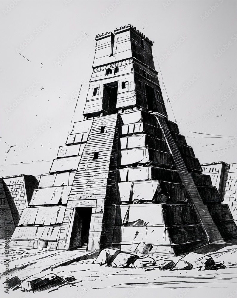 Ancient Mesopotamian ziggurat building design in sketch hand drawing ...