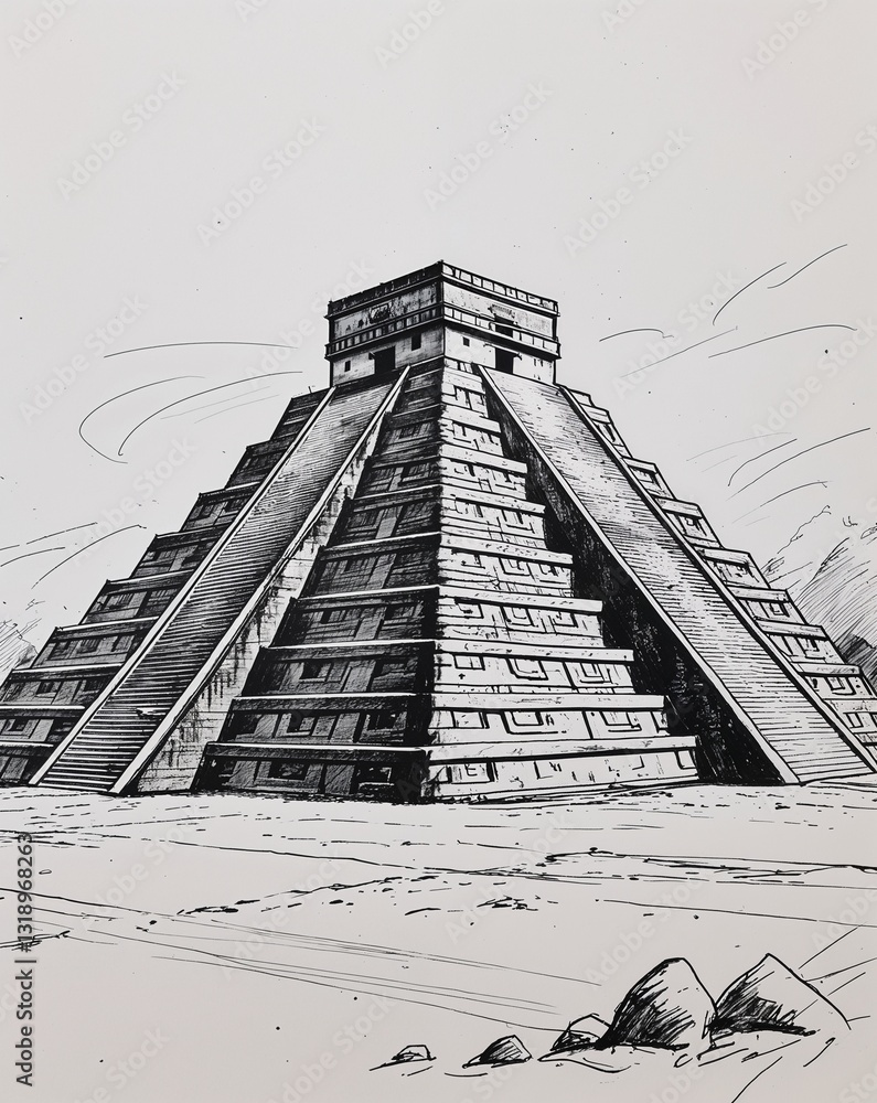 Aztec pyramid temple building design in sketch hand drawing black and ...