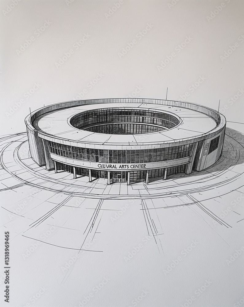 Circular cultural arts center building design in sketch hand drawing ...