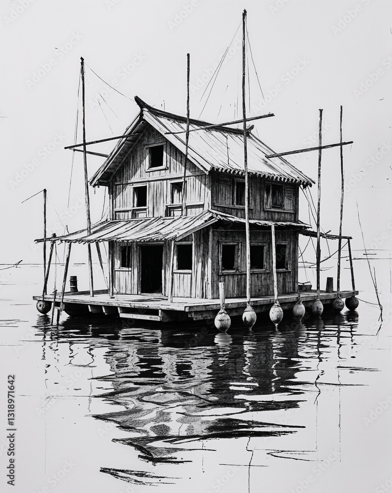 Floating fishing village house building design in sketch hand drawing ...