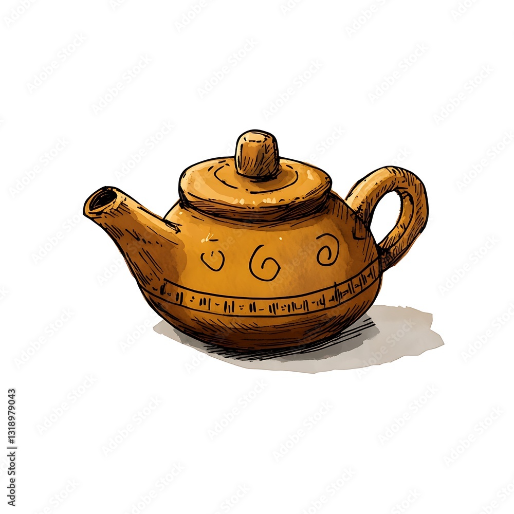 Artistic Depiction of a Ceramic Teapot Vessel with Ancient Markings and ...