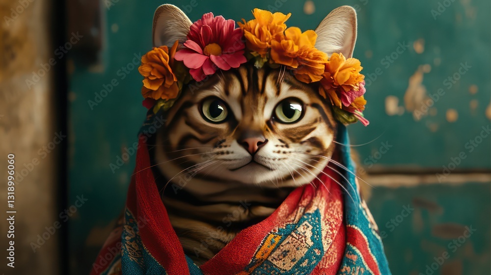 Bengal Cat in a vibrant poncho, a flower lei, and a festive headband ...
