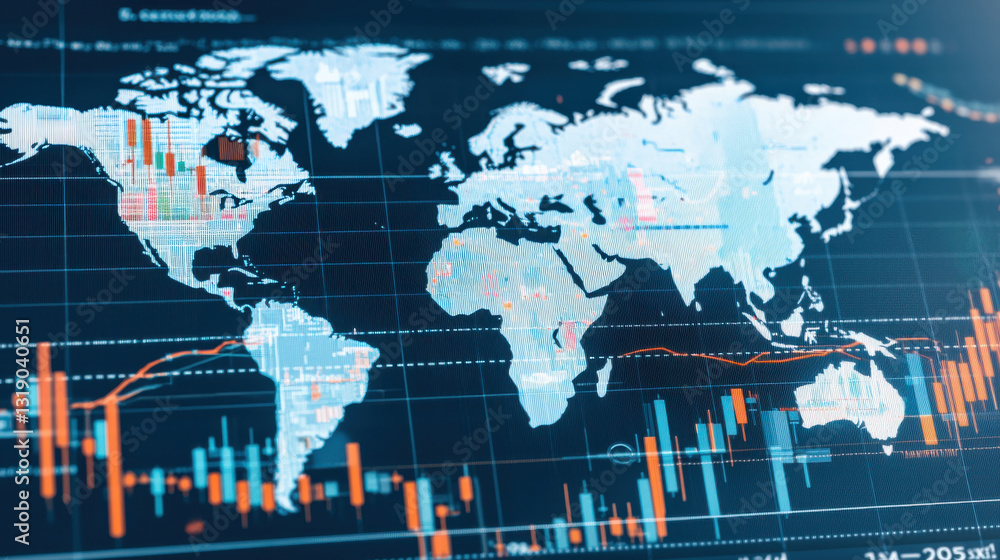 Vibrant world map with financial data overlays, showcasing global ...