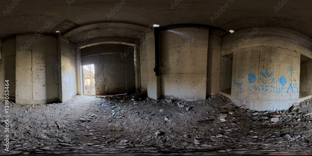 360 HDRI panorama of a concrete building, showcasing its raw ...
