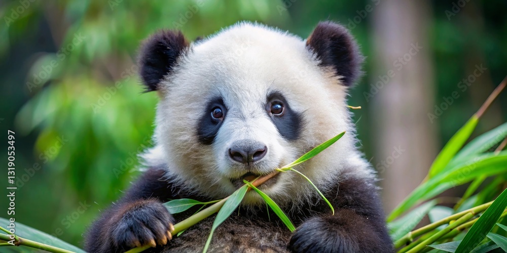 Adorable young panda bear enjoying a delicious bamboo snack in a lush ...