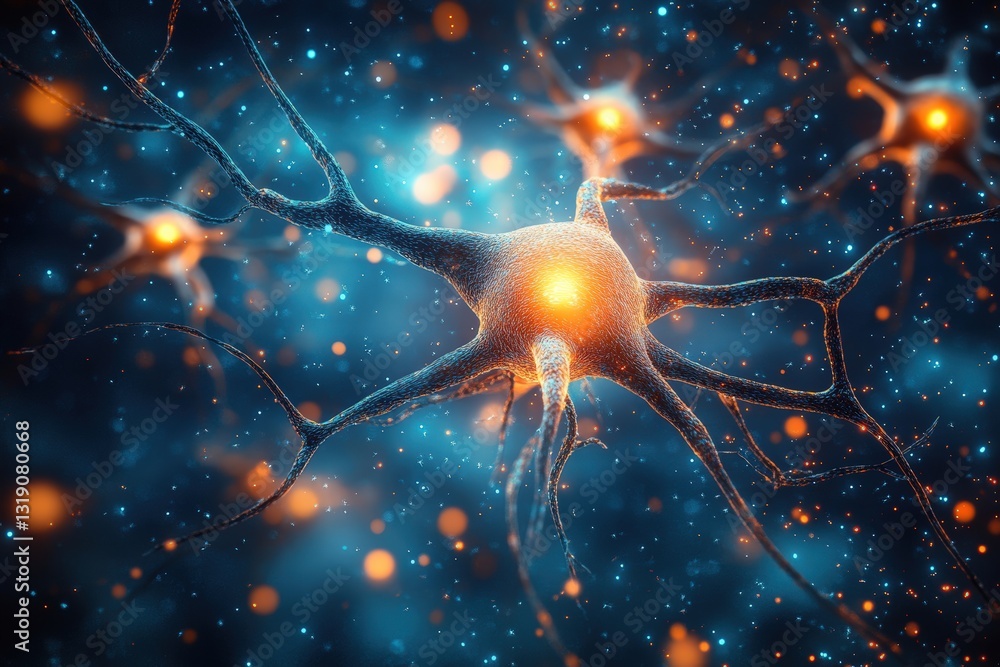 human neural network, including a close-up of several types of neurons ...