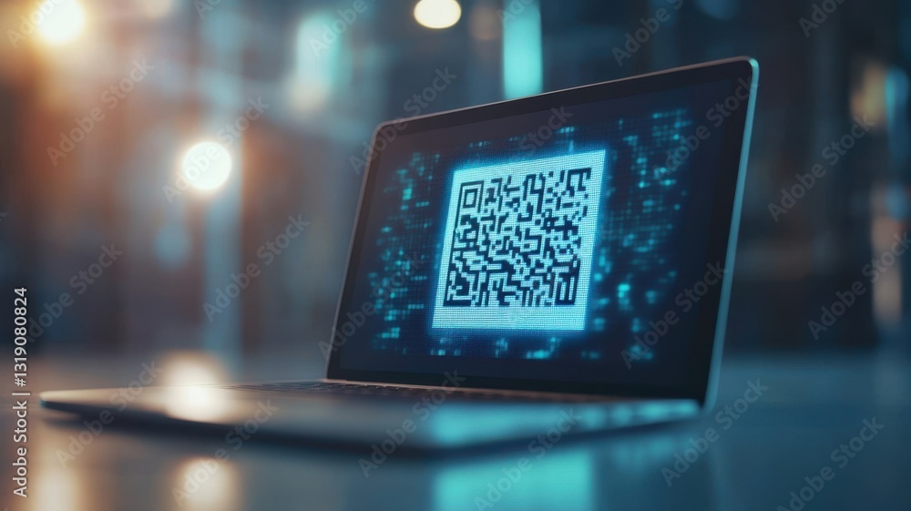 Laptop displaying qr code in modern office environment at night. 2fa ...