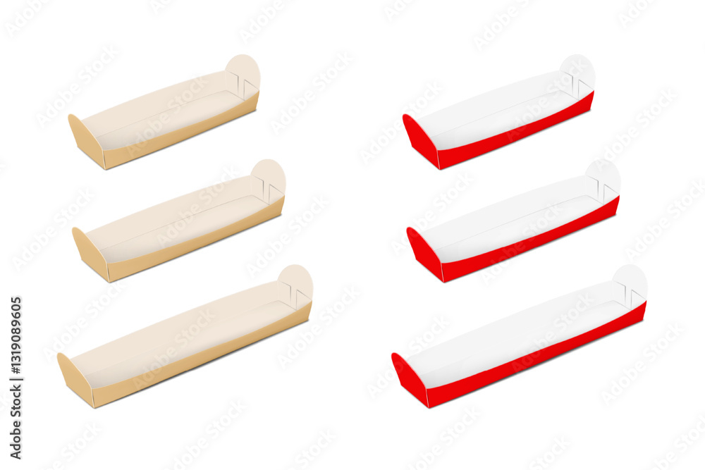 Paperboard food boat tray. Realistic vector mockup set. Kraft, red ...