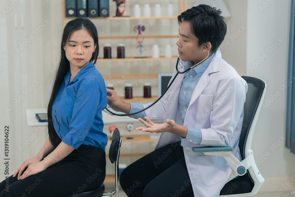 Male doctor examining Asian female patient in hospital using ...