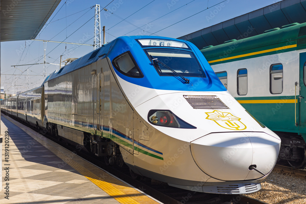 Tashkent, Uzbekistan - 29 September 2024: Locomotive of high-speed ...