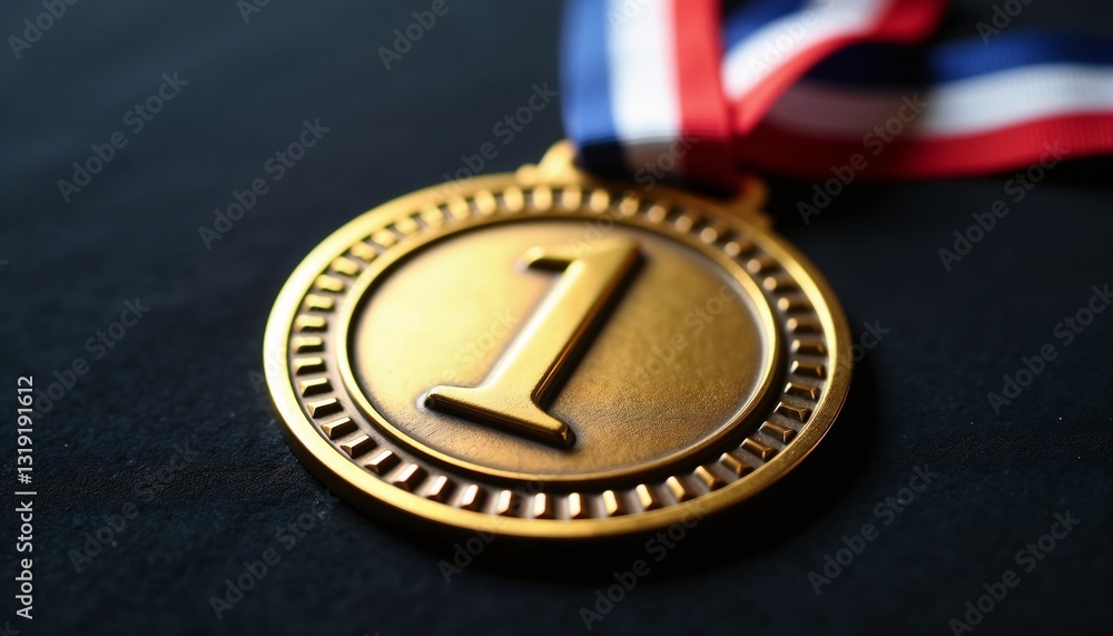 Gold medal with number one and ribbon on dark background for ...