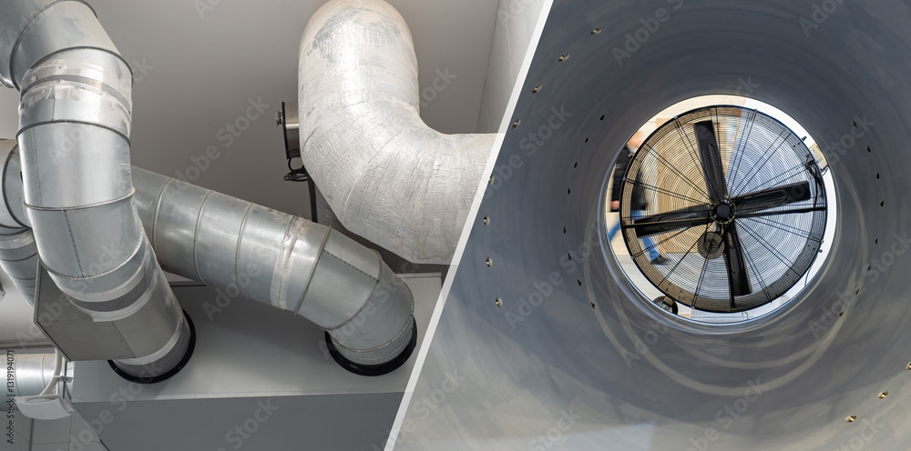 Air-conditioning ducts. Industrial utilities. Steel ventilation pipes ...