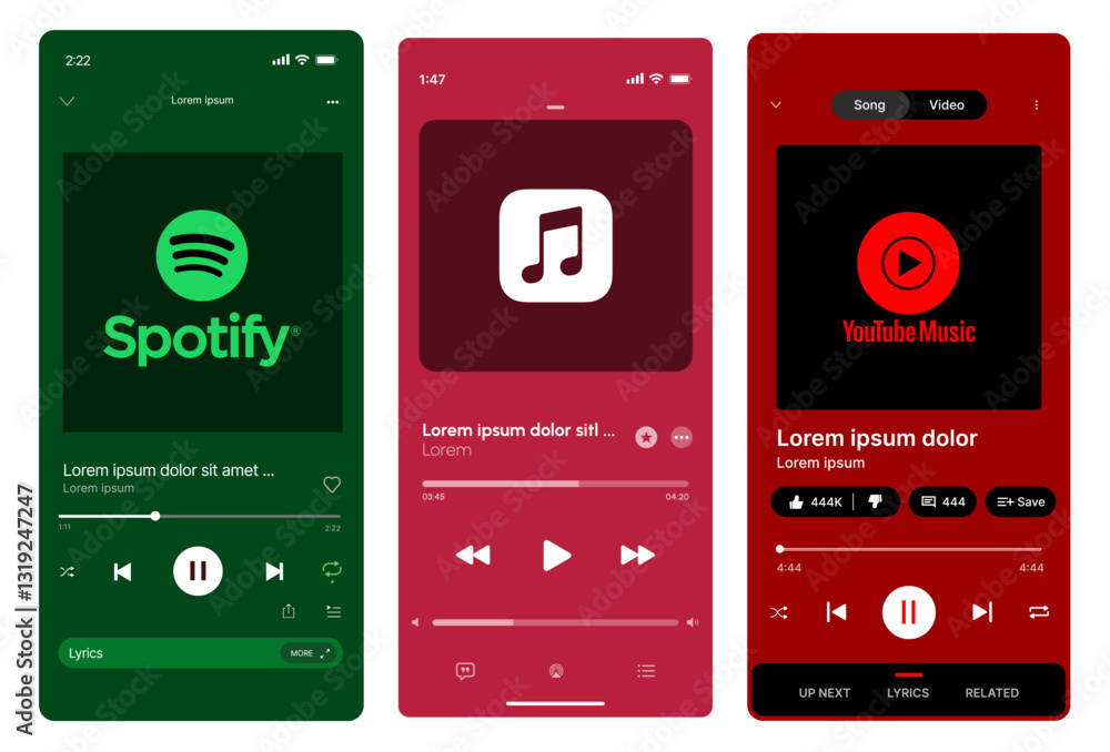Music streamingspotify, apple music and youtube music ui mockup Music streaming services ...