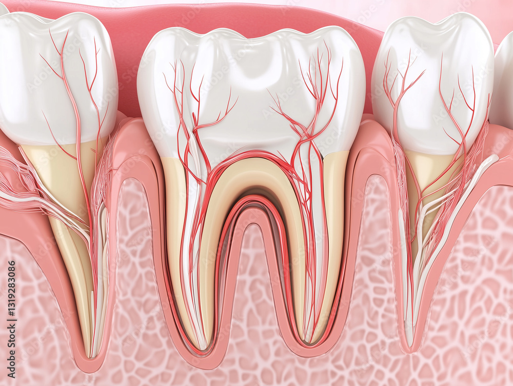 Dental anatomy illustration showing tooth structure, nerves, and gums ...