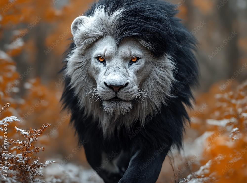Un majestuoso león camina imponente en un bosque otoñal, resaltando su ...