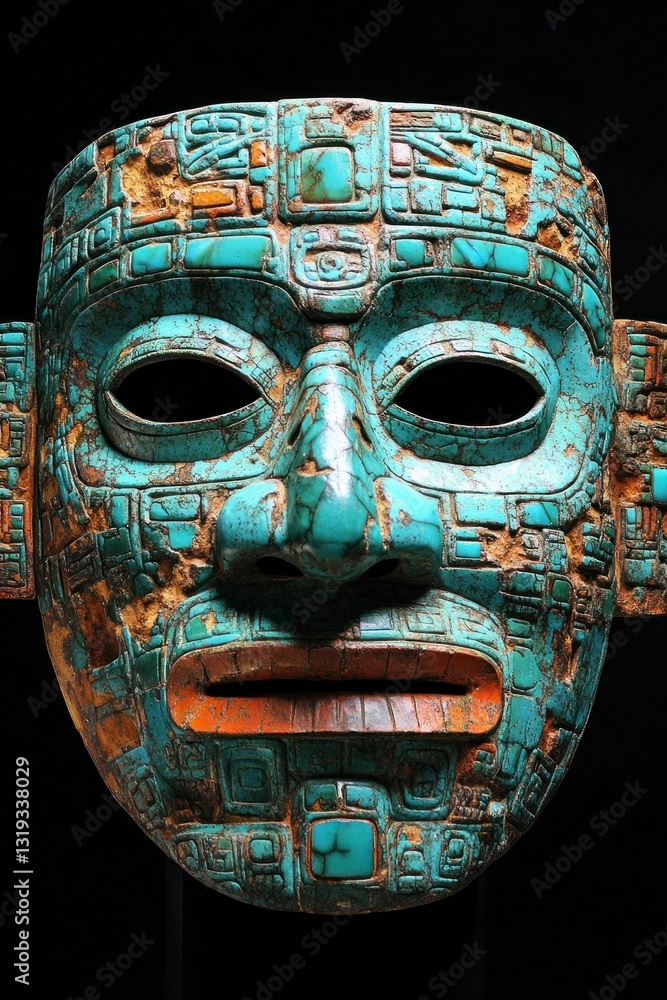 Aztec ceremonial mask with turquoise inlays museum exhibit art display ...