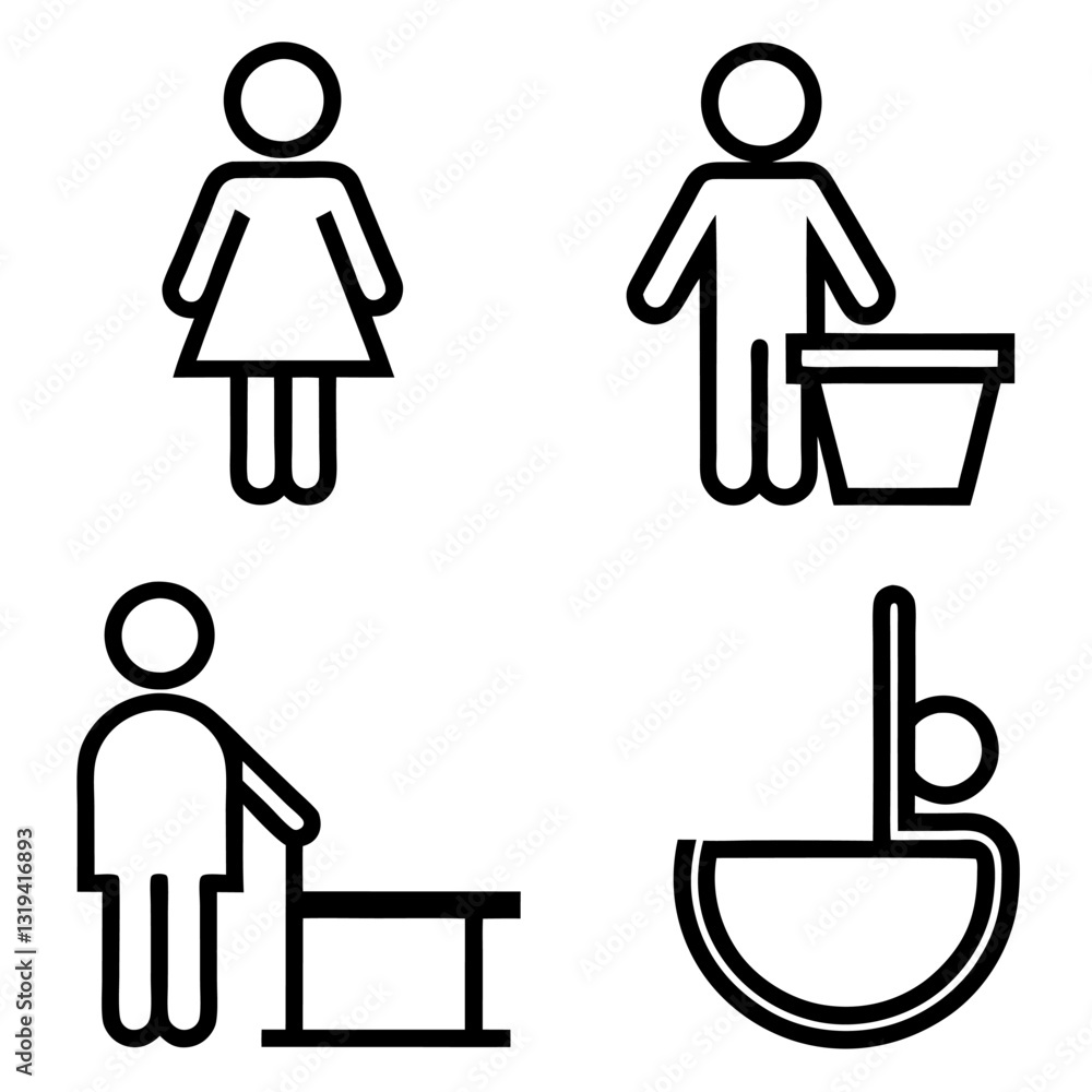 Toilet line icon set. WC outline sign. Man, woman, shower symbol ...