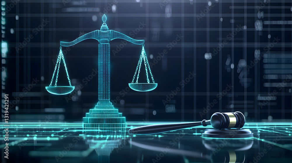 Digital Justice Gavel And Scales Of Justice With Futuristic Glowing ...