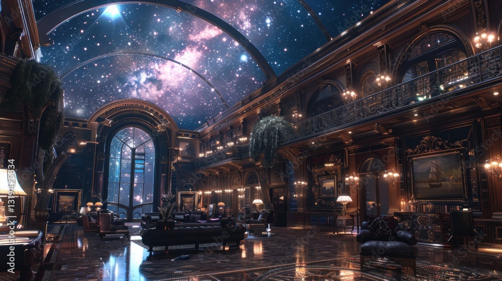 Celestial Grand Hall: A Luxurious Mansion Under a Starry Dome Stock ...
