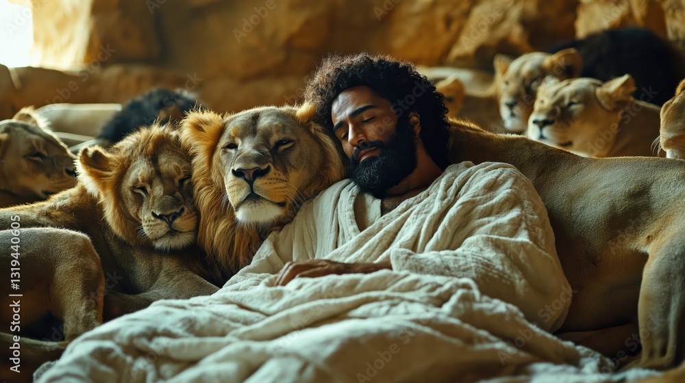 ภาพประกอบ Stock The Bible story of Daniel and the lions: Daniel sitting ...