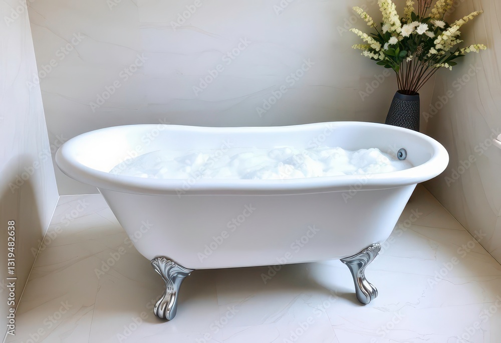 Elegant clawfoot bathtub overflowing with bubbly bath foam in a ...