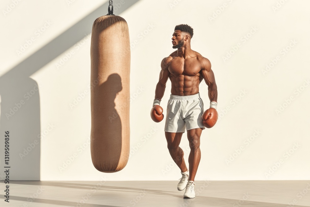 lone boxer clad in shorts and hand wraps stands in gym exuding ...