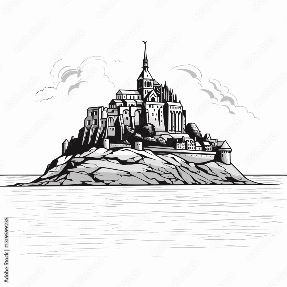 Mont Saint-Michel hand-drawn comic illustration. Mont Saint Michel ...