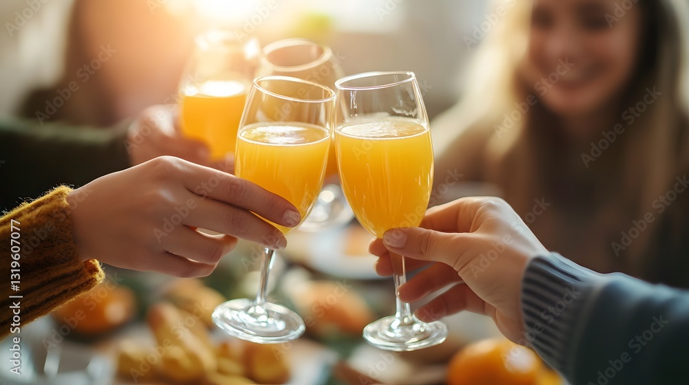 Mimosa Toast: Friends celebrate with bright orange mimosas at a brunch ...