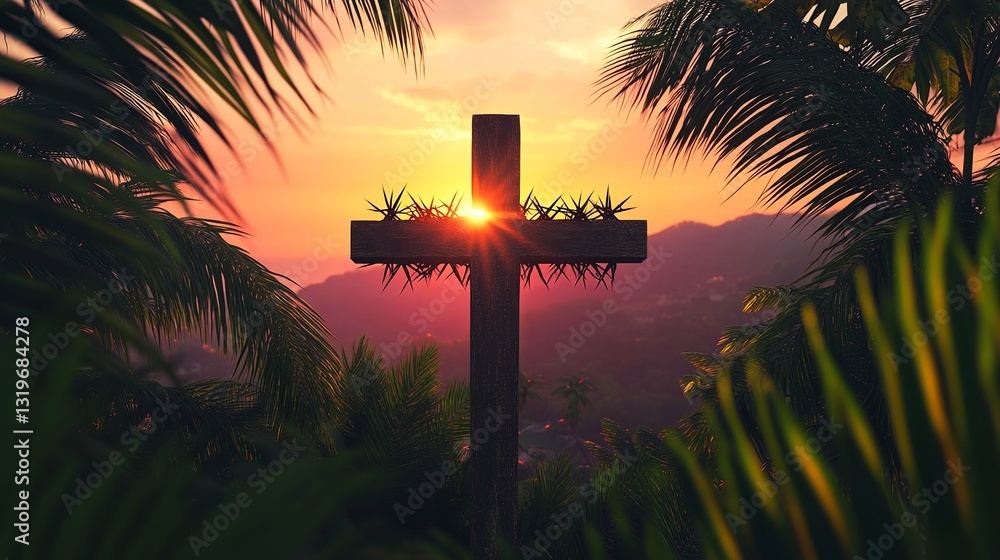 Weathered Wooden Cross with Crown of Thorns: A poignant symbol of faith ...