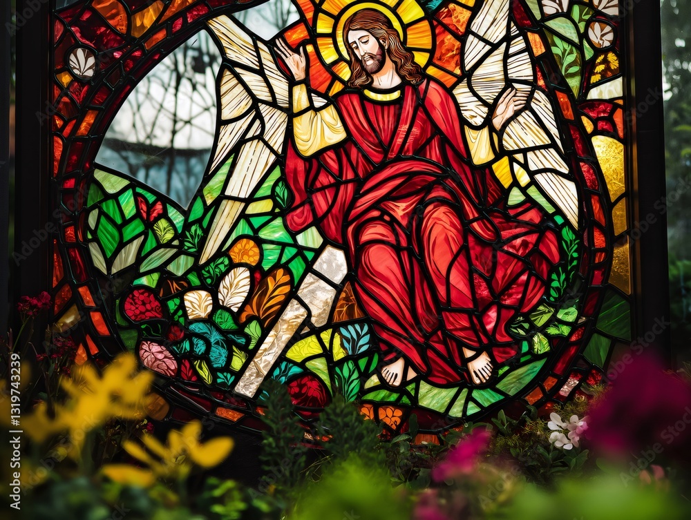 Stained glass window depicting jesus christ rising for easter ...