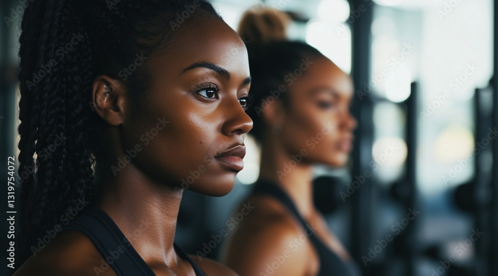 Strong African American woman lifting weights at the gym, focused ...