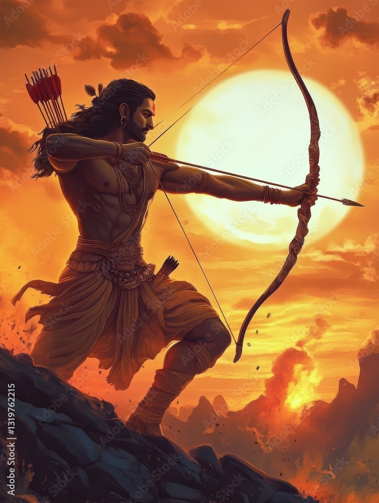 Lord Ram Vector Illustration Hindu God Mythology Ramayana Epic Sunset ...