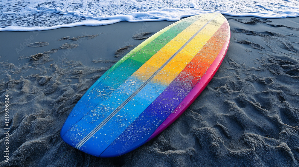 Una tabla de surf con los colores del arcoiris sobre la arena de la ...