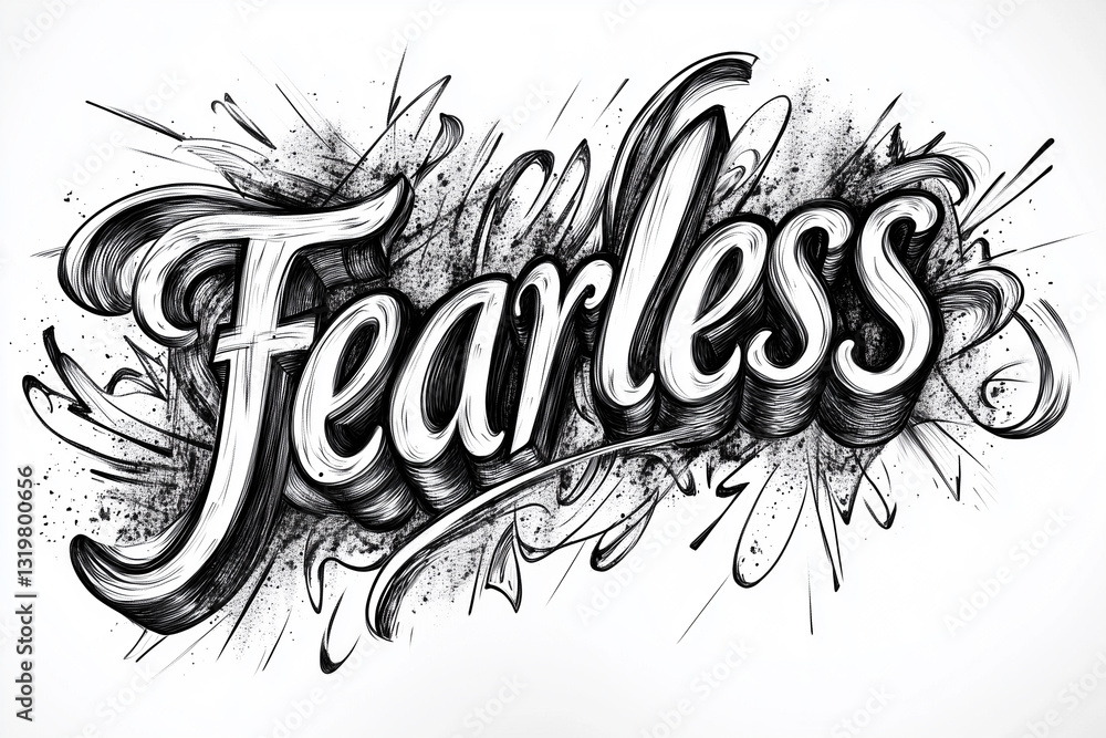 sketch of A powerful tattoo of text: "Fearless" in a heavy, black ...