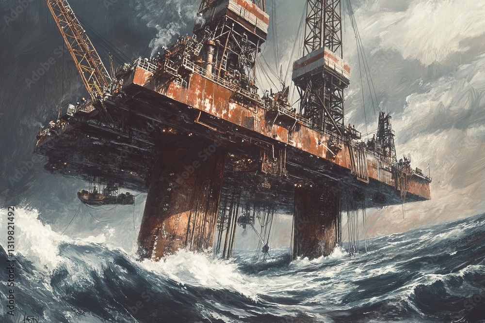 Drilling crew,oil rig workers,offshore workers.A wide-angle view of an ...