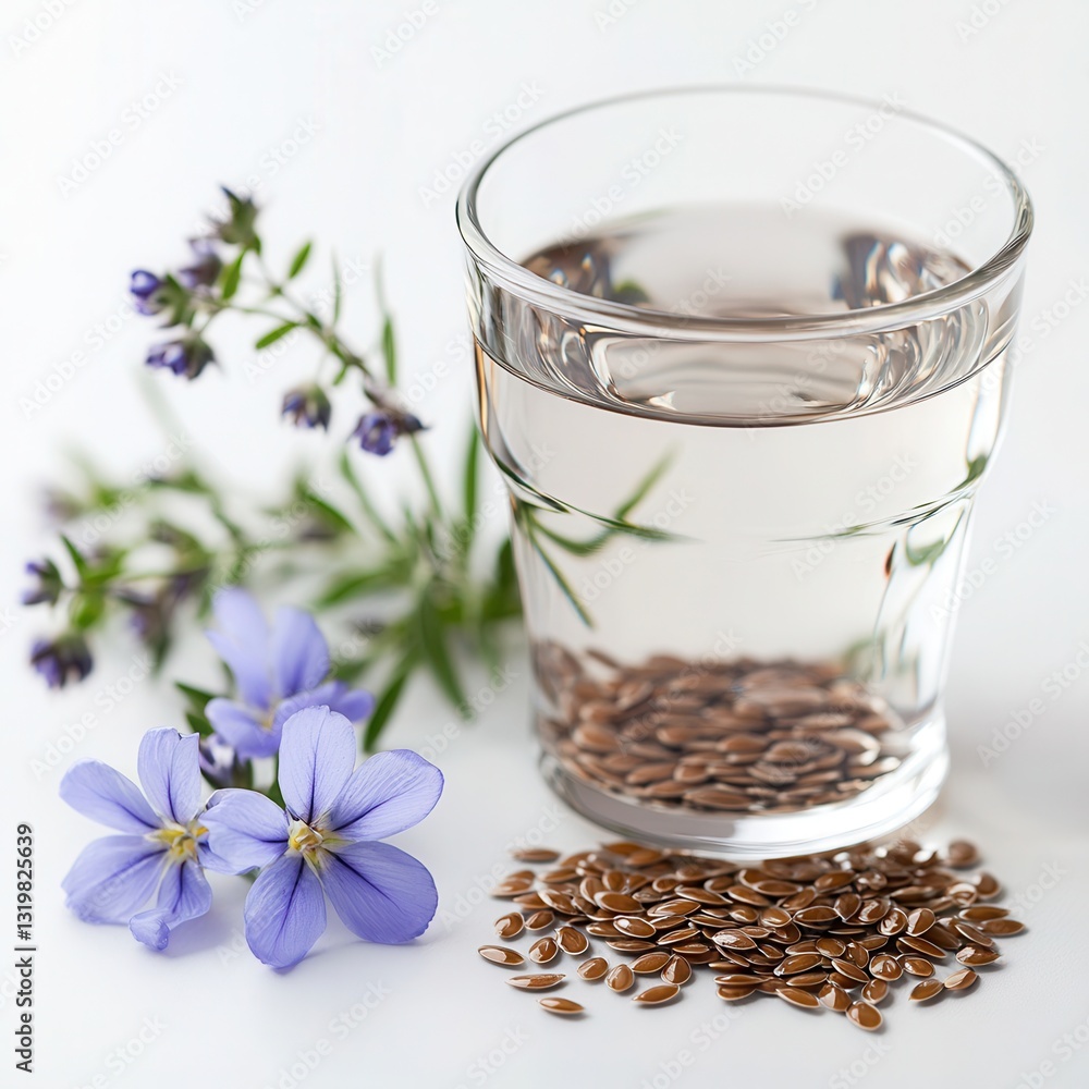 Healthy flaxseed water in a transparent glass with flax flowers on a ...
