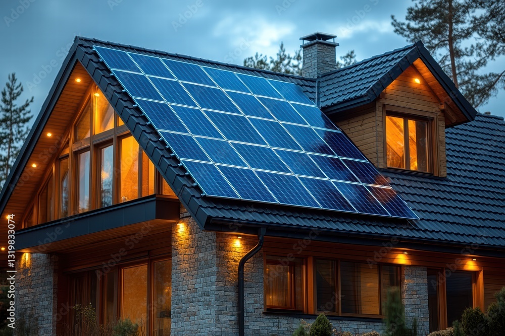 Solar panels on a tinted roof illuminate a modern house during twilight ...