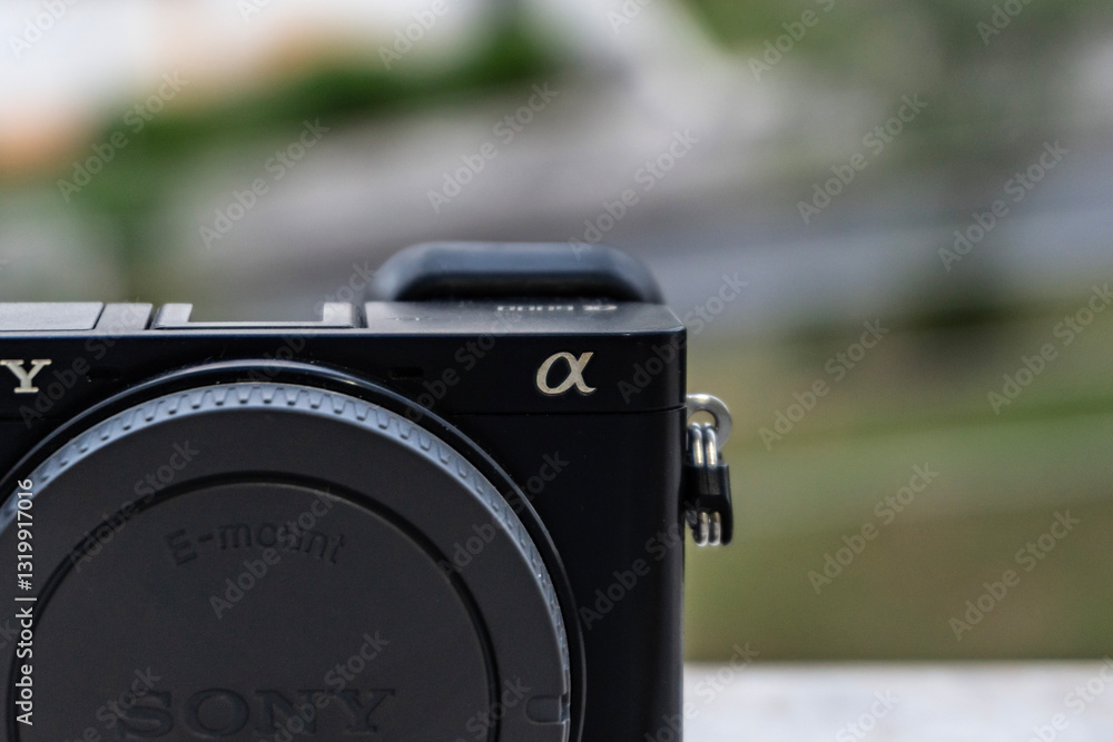 Black Sony Alpha A6000 Mirrorless professional camera logo close up ...