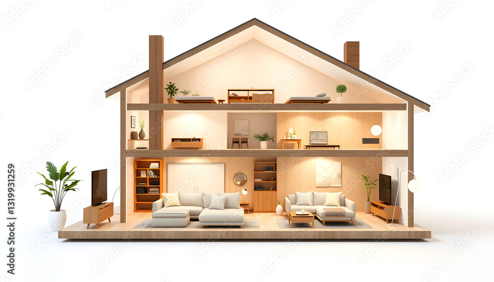 Cozy house interior with furniture, cross section model 3d rendering ...
