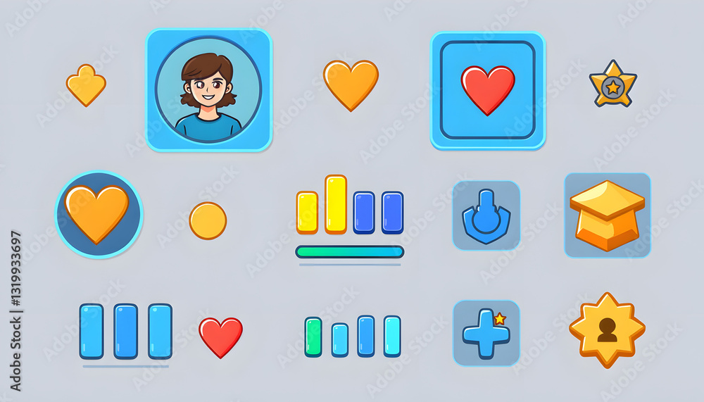 User profile ui game elements with avatar, bars and icons in round and ...