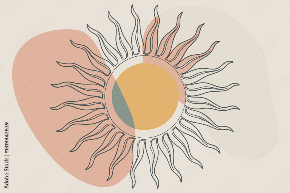 Stylized Sun Symbol Line Drawing with Abstract Colors for Cinco de Mayo ...