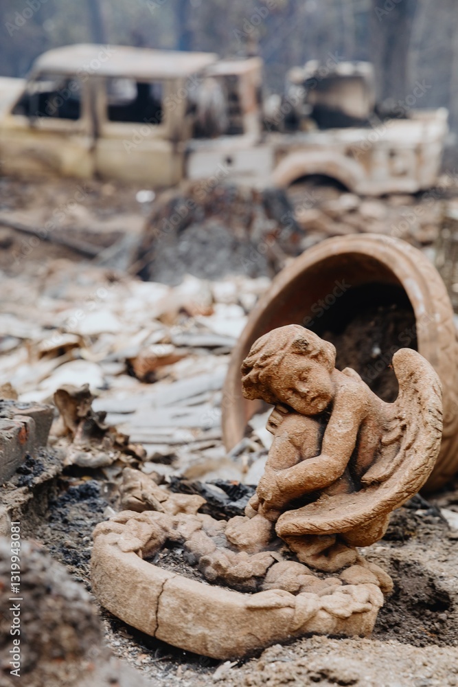 Foto de Stock Angel statue amid the ruins of a wildfire in the Santa ...