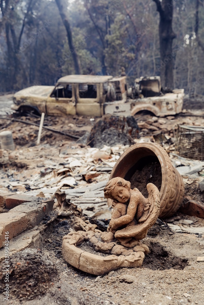 Angel statue amid the ruins of a wildfire in the Santa Cruz, California ...