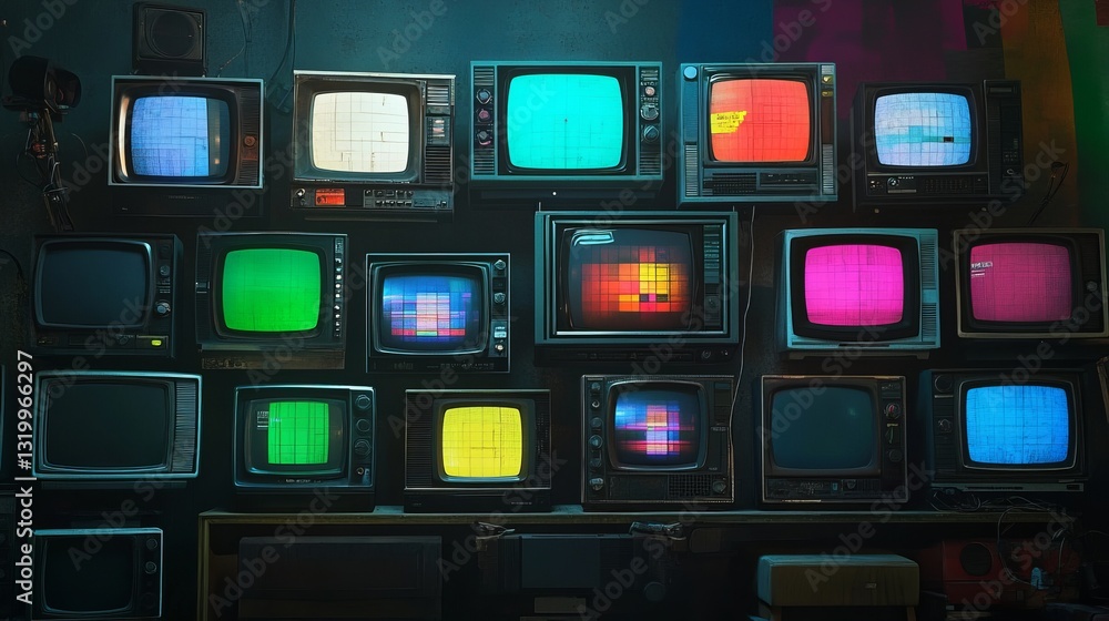 Wall of old retro 1970s televisions with different colors on screen and ...