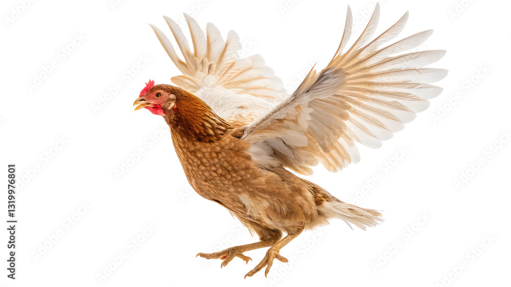 Realistic chicken hen jumping and flying with wings spread wide and ...